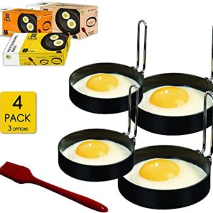 YAGITools Egg Rings Mold- Set of 4 Round Egg Rings for Egg McMuffins - Rust & Leak proof Egg Rings for Frying Eggs - Egg Molds with Foldable Handles + Silicone Basting Brush (3.5 inch), black