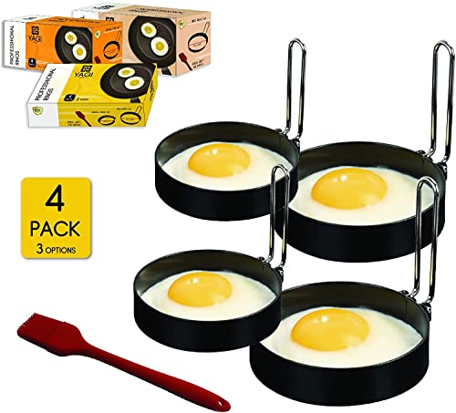 YAGITools Egg Rings Mold- Set of 4 Round Egg Rings for Egg McMuffins - Rust & Leak proof Egg Rings for Frying Eggs - Egg Molds with Foldable Handles + Silicone Basting Brush (3.5 inch), black