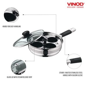 Vinod Non Stick Egg Poacher Pan – Skillet, Glass Lid, Removable Cup Tray - 4 Large Cups - Stainless Steel Poached Egg Cooker – Food Grade Egg Poaching – Heat Friendly Handle - Free Silicon Spatula