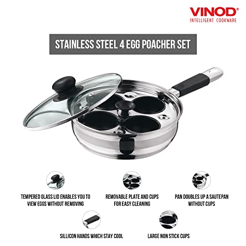 Vinod Non Stick Egg Poacher Pan – Skillet, Glass Lid, Removable Cup Tray - 4 Large Cups - Stainless Steel Poached Egg Cooker – Food Grade Egg Poaching – Heat Friendly Handle - Free Silicon Spatula