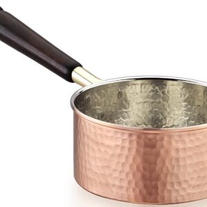 DEMMEX Copper Saucepan & Butter Warmer, 1mm Thick Solid Uncoated Hammered Copper, Wooden Handle, Tin Lined, 100% Handmade (1.2 Quarts-6"x2.8")