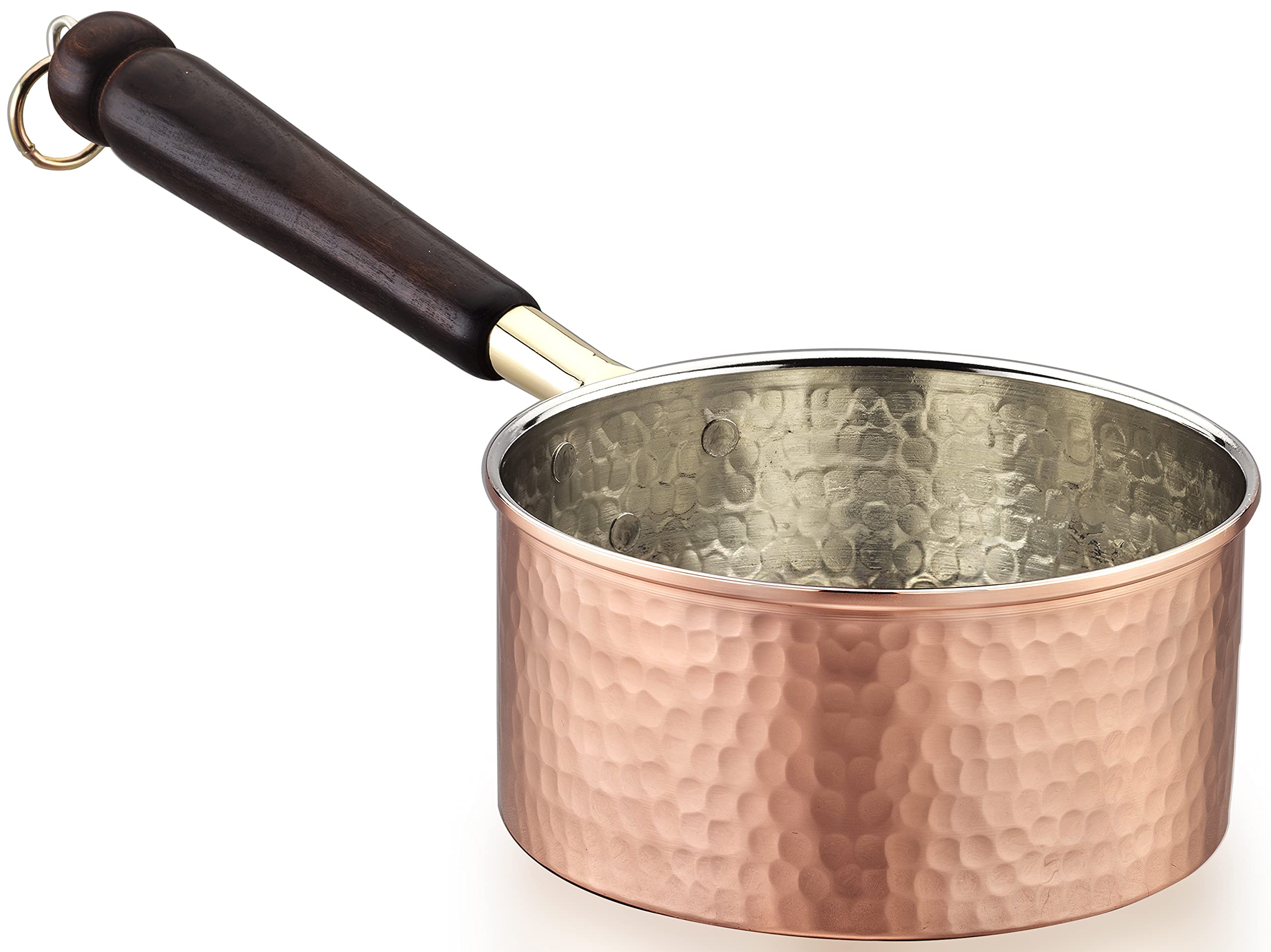 DEMMEX Copper Saucepan & Butter Warmer, 1mm Thick Solid Uncoated Hammered Copper, Wooden Handle, Tin Lined, 100% Handmade (1.2 Quarts-6"x2.8")