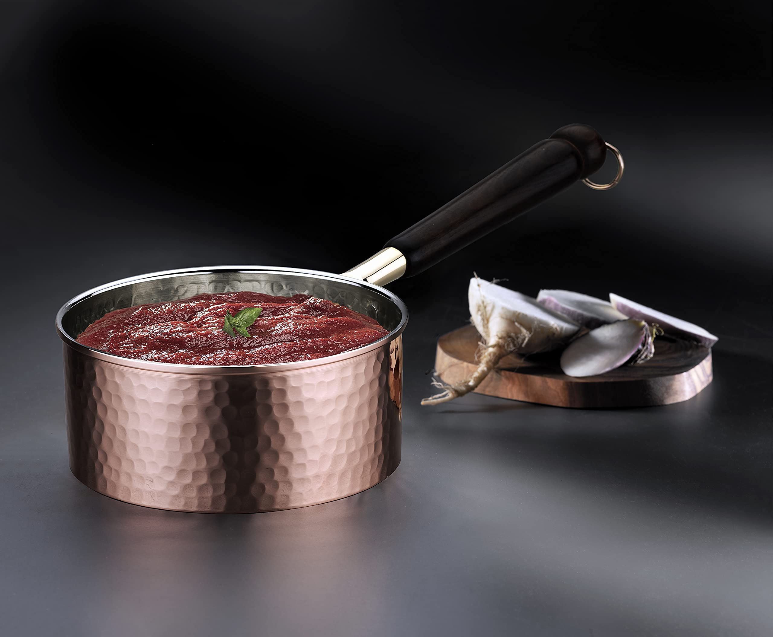 DEMMEX Copper Saucepan & Butter Warmer, 1mm Thick Solid Uncoated Hammered Copper, Wooden Handle, Tin Lined, 100% Handmade (1.2 Quarts-6"x2.8")