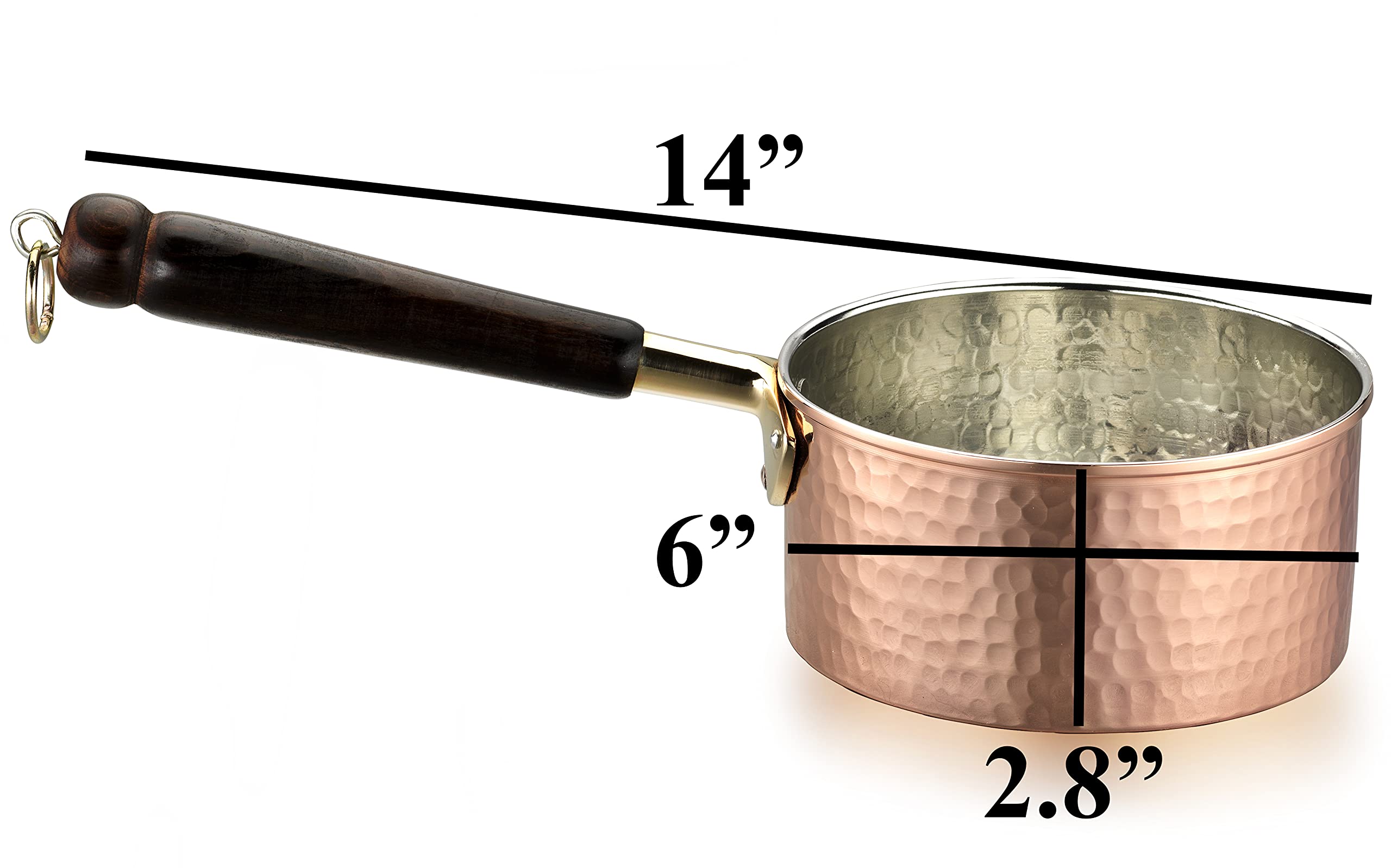 DEMMEX Copper Saucepan & Butter Warmer, 1mm Thick Solid Uncoated Hammered Copper, Wooden Handle, Tin Lined, 100% Handmade (1.2 Quarts-6"x2.8")