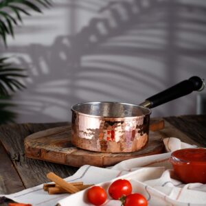 DEMMEX Copper Saucepan & Butter Warmer, 1mm Thick Solid Uncoated Hammered Copper, Wooden Handle, Tin Lined, 100% Handmade (1.2 Quarts-6"x2.8")