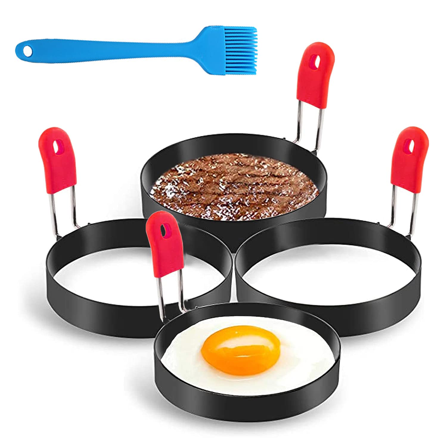 Egg Rings Set of 4, Non-stick Stainless Steel Egg Ring, Cooking Rings with Anti-scalding Handle for Camping and Breakfast (Oil Brush Included)