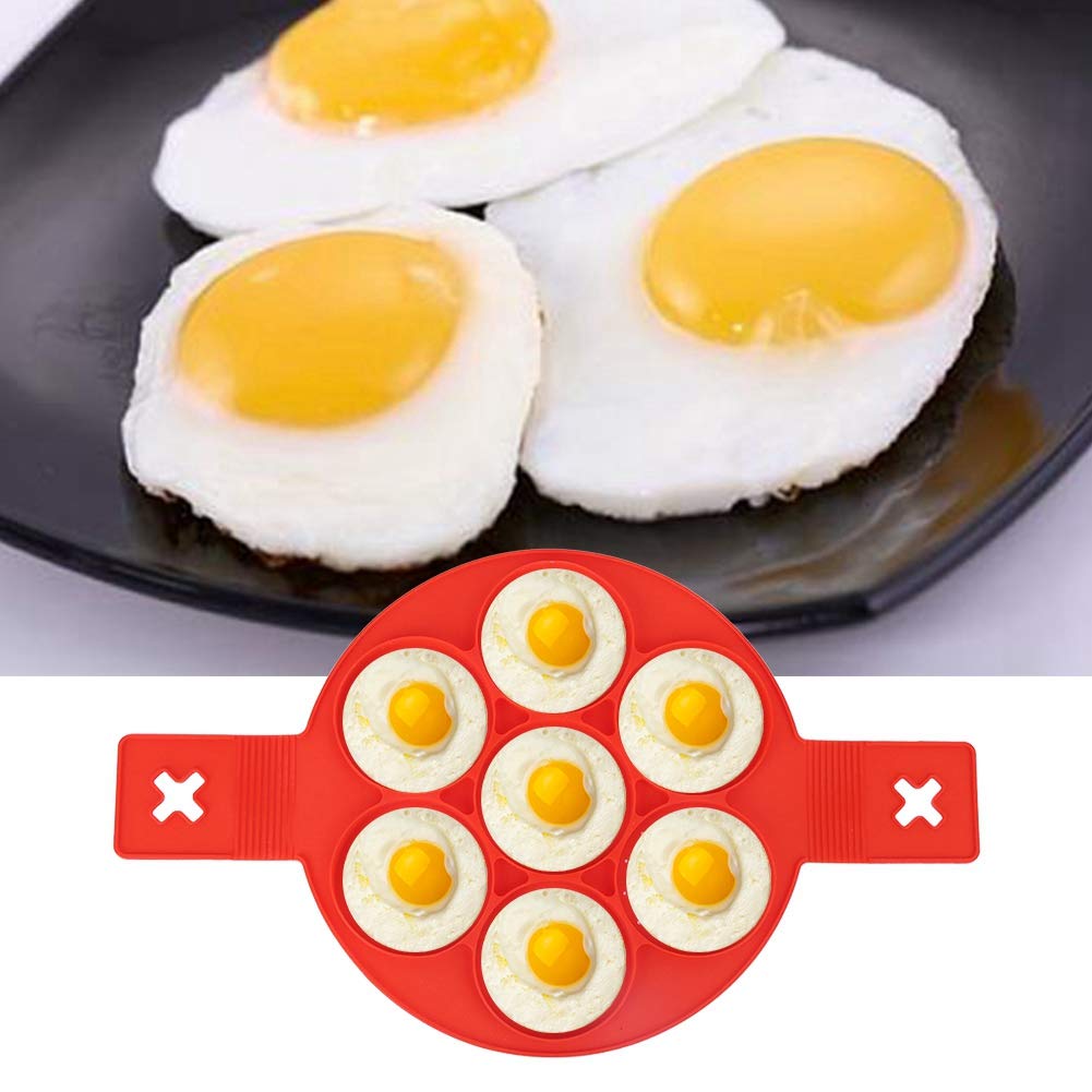 Oumefar 2PCS Pancake Molds Red Silicone Frying Egg Tray with 7 Round Shape Holes Egg Maker Nonstick Cooking Tool for Pancake Sandwich Breakfast