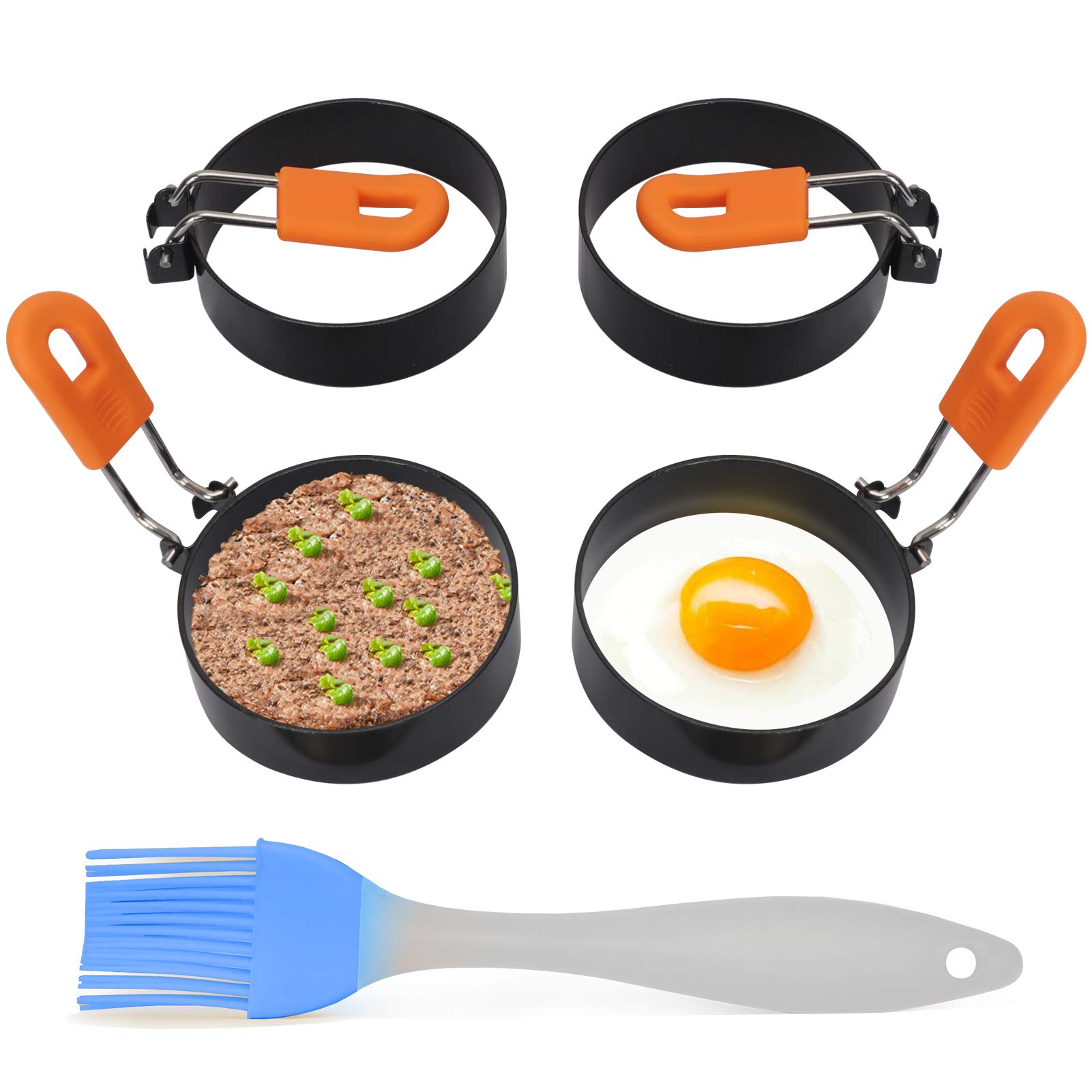 Colacoo Eggs Rings, 4 Pack Stainless Steel Egg Cooking Rings, Round Mold for English Muffins, Griddle Cooking Shaper for Breakfast, Pancake Mold for frying Eggs and Omelet with 4 Silicone Handle