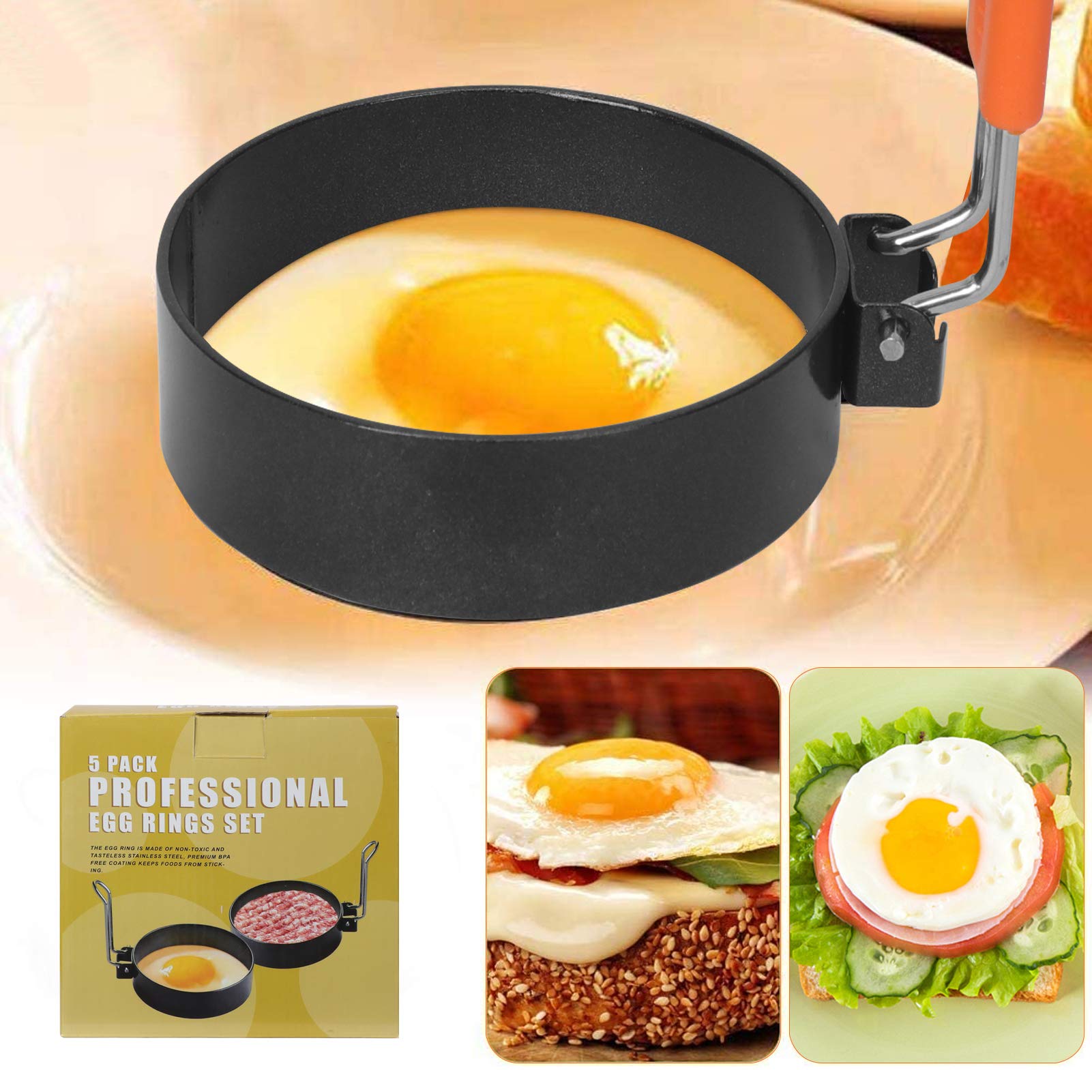 Colacoo Eggs Rings, 4 Pack Stainless Steel Egg Cooking Rings, Round Mold for English Muffins, Griddle Cooking Shaper for Breakfast, Pancake Mold for frying Eggs and Omelet with 4 Silicone Handle