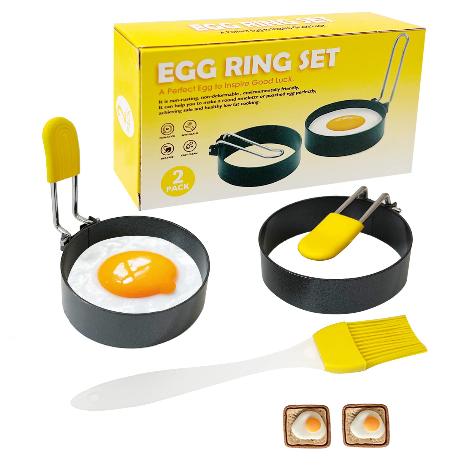 Egg Rings, Egg Molds Non Stick, Egg Molds for Frying with Silicone Applicator Brush and Anti Scald Handle,Stainless Steel Egg Frying Rings for Cooking Pancake, Sandwich Burger, Egg Mcmuffin(2PCS)