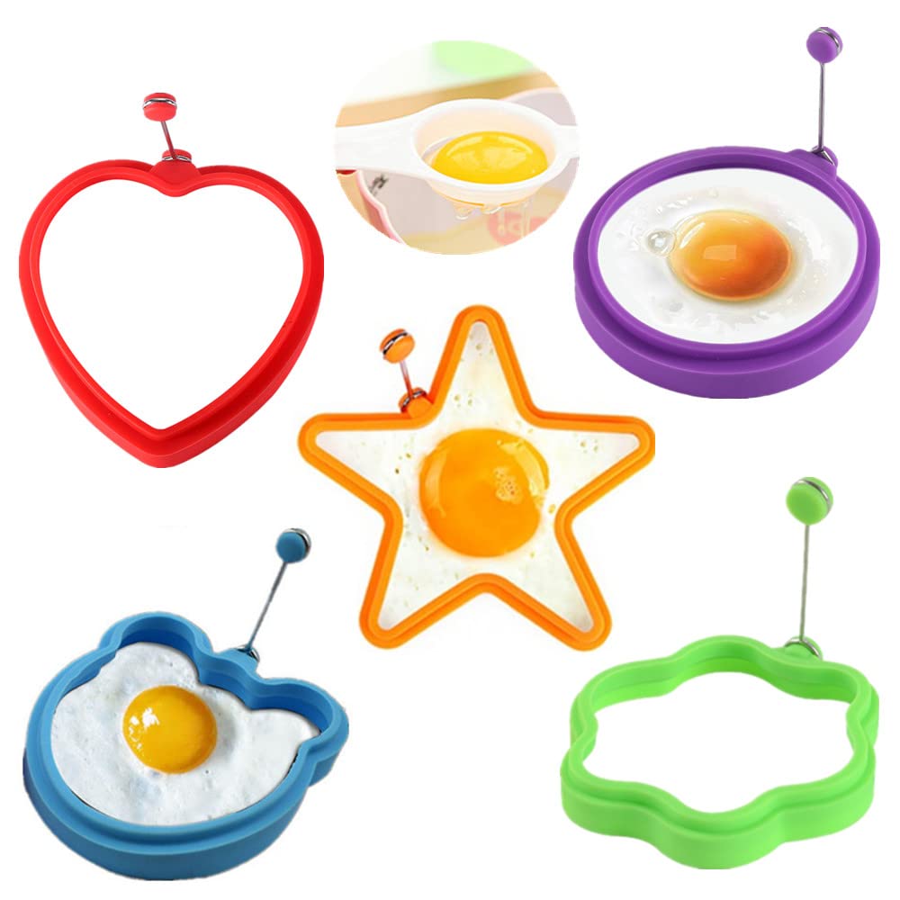 5 Egg Rings Set, Pancake Molds Food-Grade Silicone for Breakfast Fried Eggs, Homemade Omelets, Frittatas & Crumpets – Flippy Cooking Forms Muffin Shapes - Heart, Flower, Bear, Butterfly, Circle