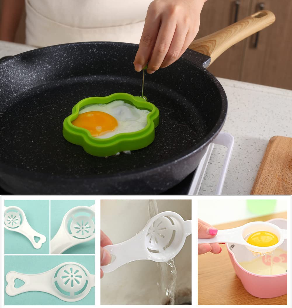 5 Egg Rings Set, Pancake Molds Food-Grade Silicone for Breakfast Fried Eggs, Homemade Omelets, Frittatas & Crumpets – Flippy Cooking Forms Muffin Shapes - Heart, Flower, Bear, Butterfly, Circle