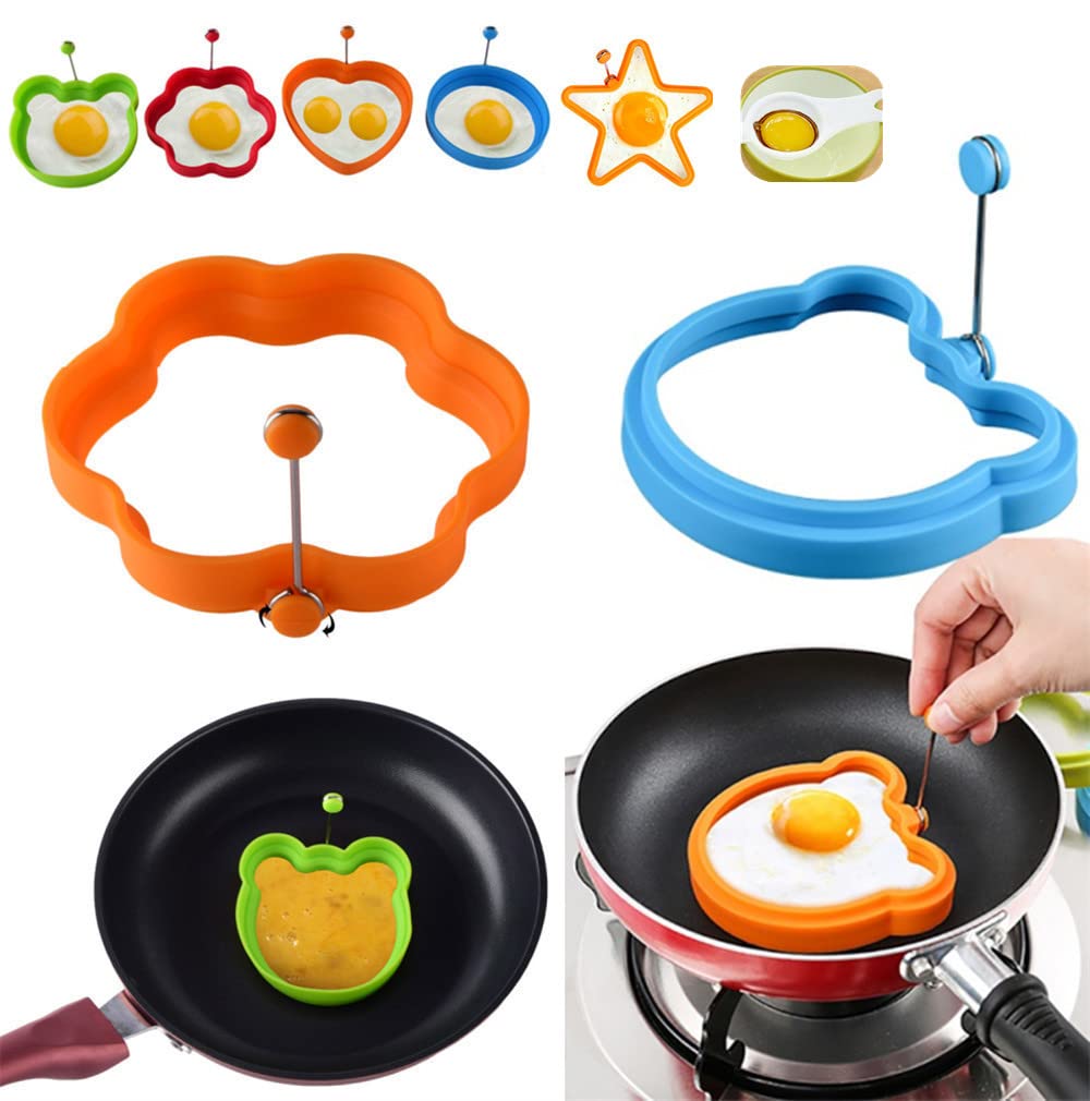 5 Egg Rings Set, Pancake Molds Food-Grade Silicone for Breakfast Fried Eggs, Homemade Omelets, Frittatas & Crumpets – Flippy Cooking Forms Muffin Shapes - Heart, Flower, Bear, Butterfly, Circle