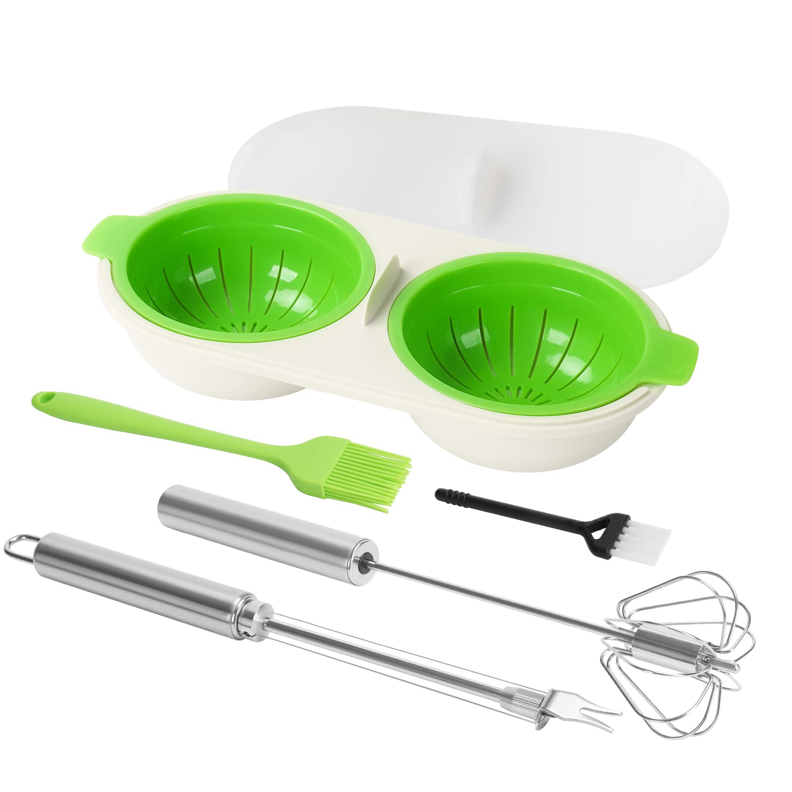 Egg Poacher Poached Eggs Cooker Set of 5, Double Egg Cups for Microwave Boiled Eggs Egg Cooker, Stainless Steel Egg Piercer,11 Inches Cheese/Butter Slicer (Green style)