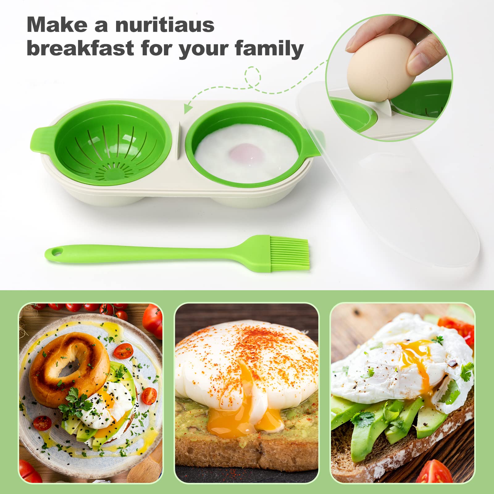 Egg Poacher Poached Eggs Cooker Set of 5, Double Egg Cups for Microwave Boiled Eggs Egg Cooker, Stainless Steel Egg Piercer,11 Inches Cheese/Butter Slicer (Green style)