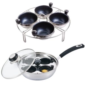 eggssentials egg poacher pan nonstick poached egg maker, stainless steel egg poaching pan, poached eggs cooker food grade safe pfoa free with spatula, egg poachers cookware - 4 poaching cups