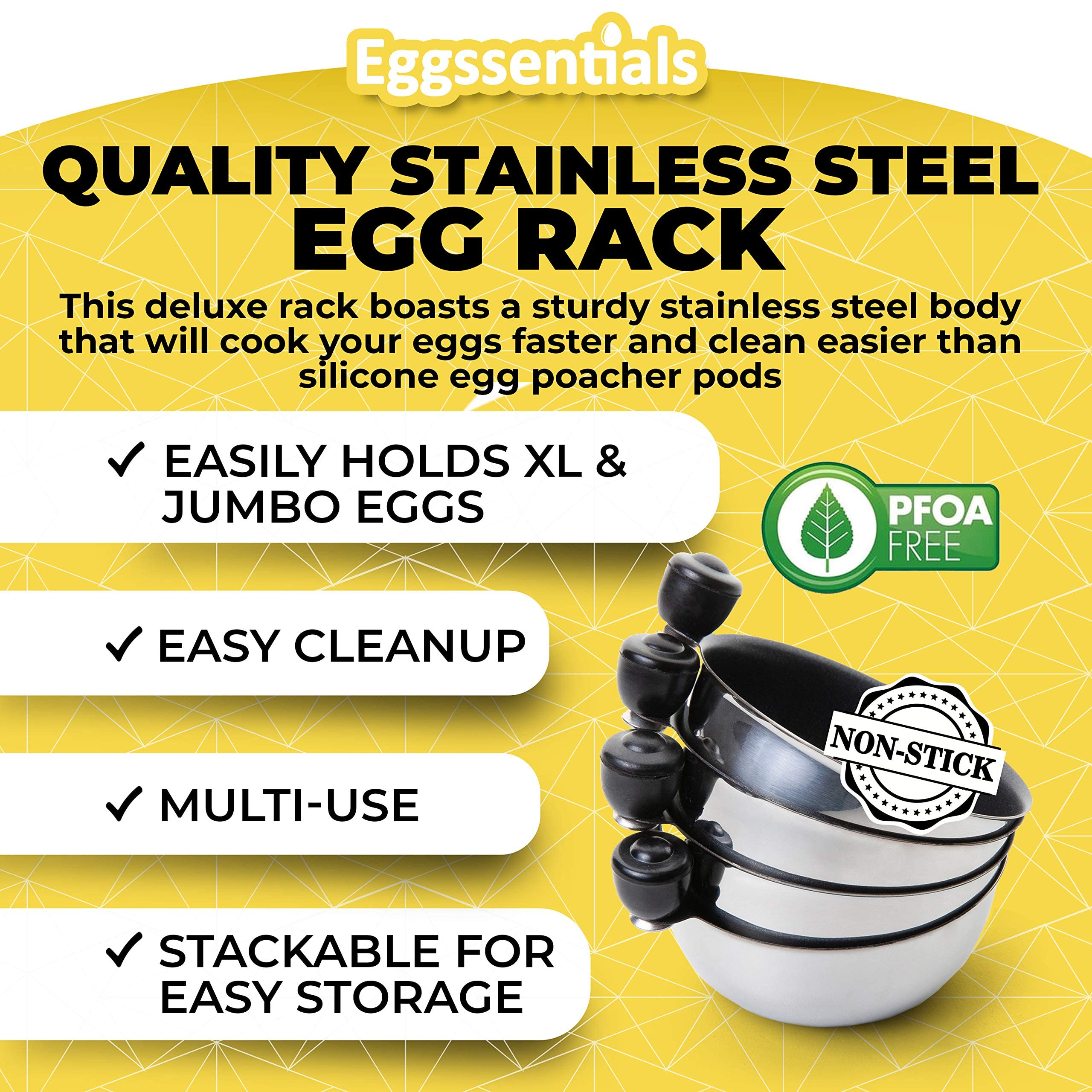 Eggssentials Egg Poacher Insert Stainless Steel Poached Egg Cooker Eggs Poaching Cup PFOA Free Egg Poachers Nonstick, 9 inches Rack Compatible with Skillet Instant Pot Pressure Cooker, 6 Poached Cups