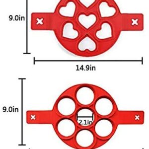 Onebycitess 2 Pack Pancake Mold Maker,Nonstick Silicone Egg Rings Egg Cooker 7 Holes Muffin Baking Pancake Mould(Round/Heart)