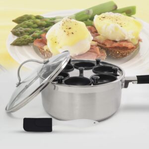 ExcelSteel Silicone Spatula Gift, Easy Use Stove Top Breakfast Brunch Egg Poacher Saucepan 6 Cup, 4Qt, Stainless