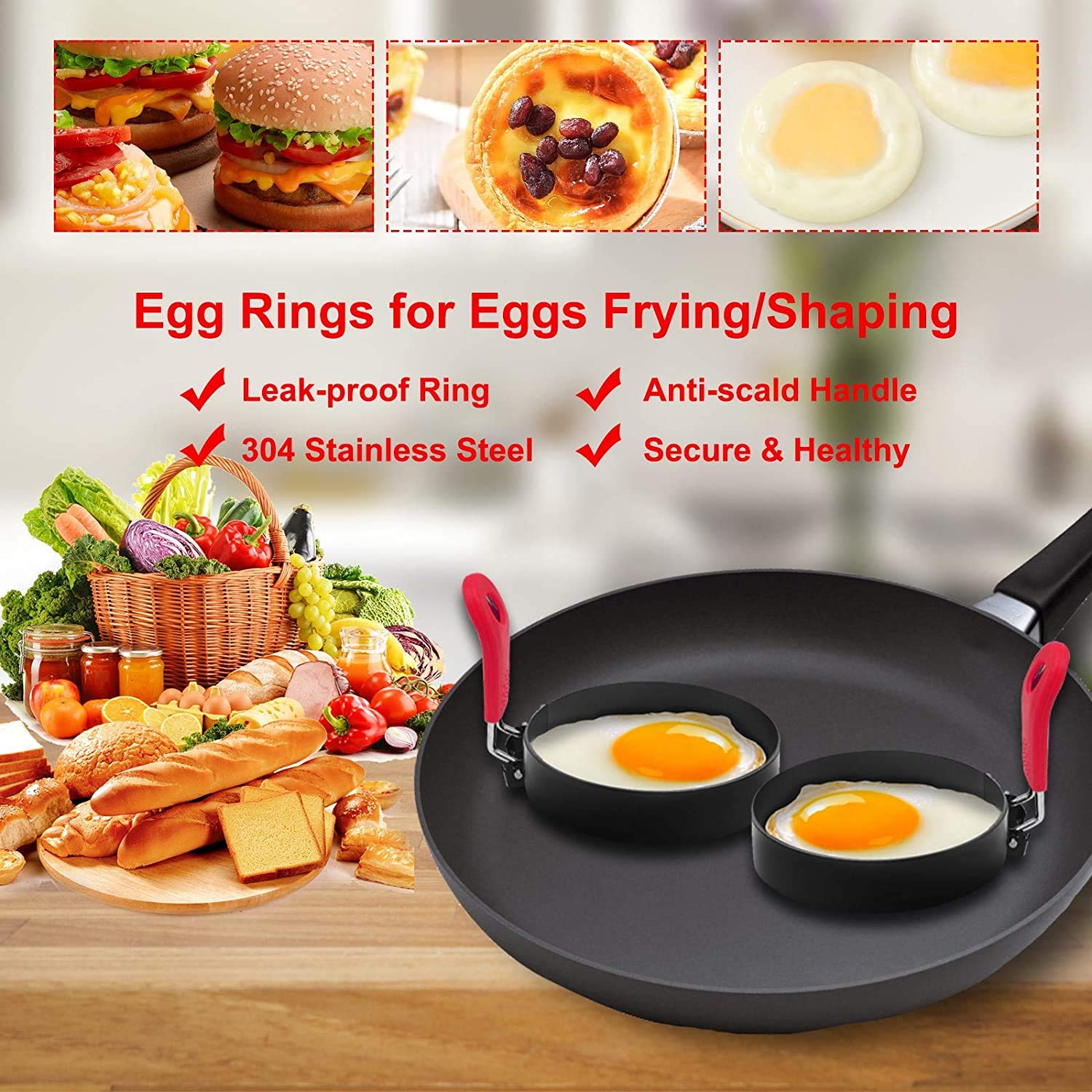 Egg Ring 4-Pack Stainless Steel Egg Ring with Anti-scald Handle with an Oil Brush Non Stick Coating Breakfast Tool for Eggs Frying/Shaping