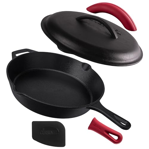 Cuisinel Cast Iron Skillet with Lid - 12"-inch Pre-Seasoned Covered Frying Pan Set + Silicone Handle & Lid Holders + Scraper/Cleaner - Indoor/Outdoor, Oven, Stovetop, Camping Fire, Grill Safe Cookware