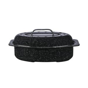 granite ware 13-inch oval roaster with lid. enameled steel design to accommodate up to 7 lb poultry/roast. resists up to 932°f. ideal for preparing meals for two!