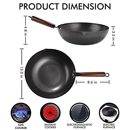 Excegucok Carbon Steel , 13 Pcs Wok Pan with Wooden Lid & Handle Stir-Fry Pans 13in Chinese Wok Flat Bottom Wok with Cookware Accessories Suitabe for all Stoves (Black)…