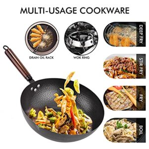 Excegucok Carbon Steel , 13 Pcs Wok Pan with Wooden Lid & Handle Stir-Fry Pans 13in Chinese Wok Flat Bottom Wok with Cookware Accessories Suitabe for all Stoves (Black)…