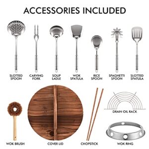 Excegucok Carbon Steel , 13 Pcs Wok Pan with Wooden Lid & Handle Stir-Fry Pans 13in Chinese Wok Flat Bottom Wok with Cookware Accessories Suitabe for all Stoves (Black)…