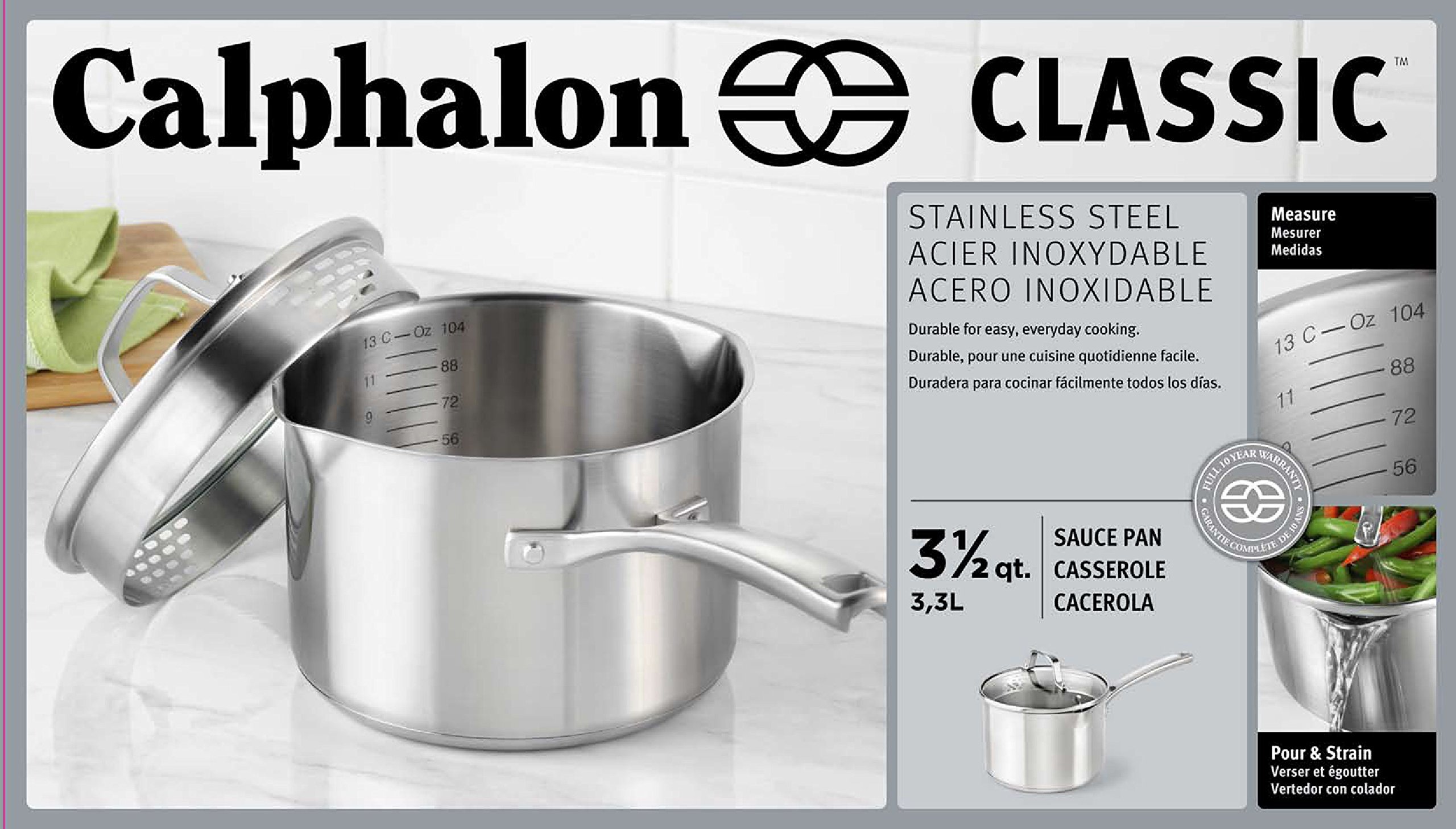 Calphalon Classic 3.5 Quart Saucepan with Lid, Stainless Steel, Dishwasher Safe