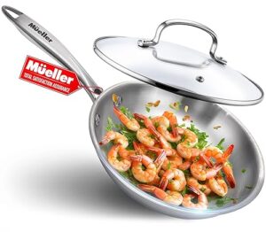 mueller duraclad tri-ply stainless steel 8-inch fry pan with lid, extra strong cookware, 3-layer bottom, even heat distribution, ergonomic and evercool stainless steel handle