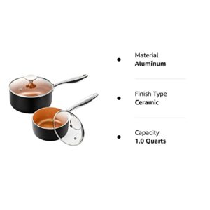 MICHELANGELO Nonstick 1Qt & 2Qt Copper Sauce Pan Set with Lid, Small Pot with Lid, Ceramic Nonstick Saucepan Set, Small Sauce Pots