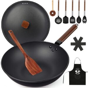 xiheima 13 inch carbon steel wok pan with lid and spatula,wooden cookwares nonstick woks ＆ stir-fry pans,no chemical coated flat bottom chinese wok for induction, electric, gas, halogen, all stoves