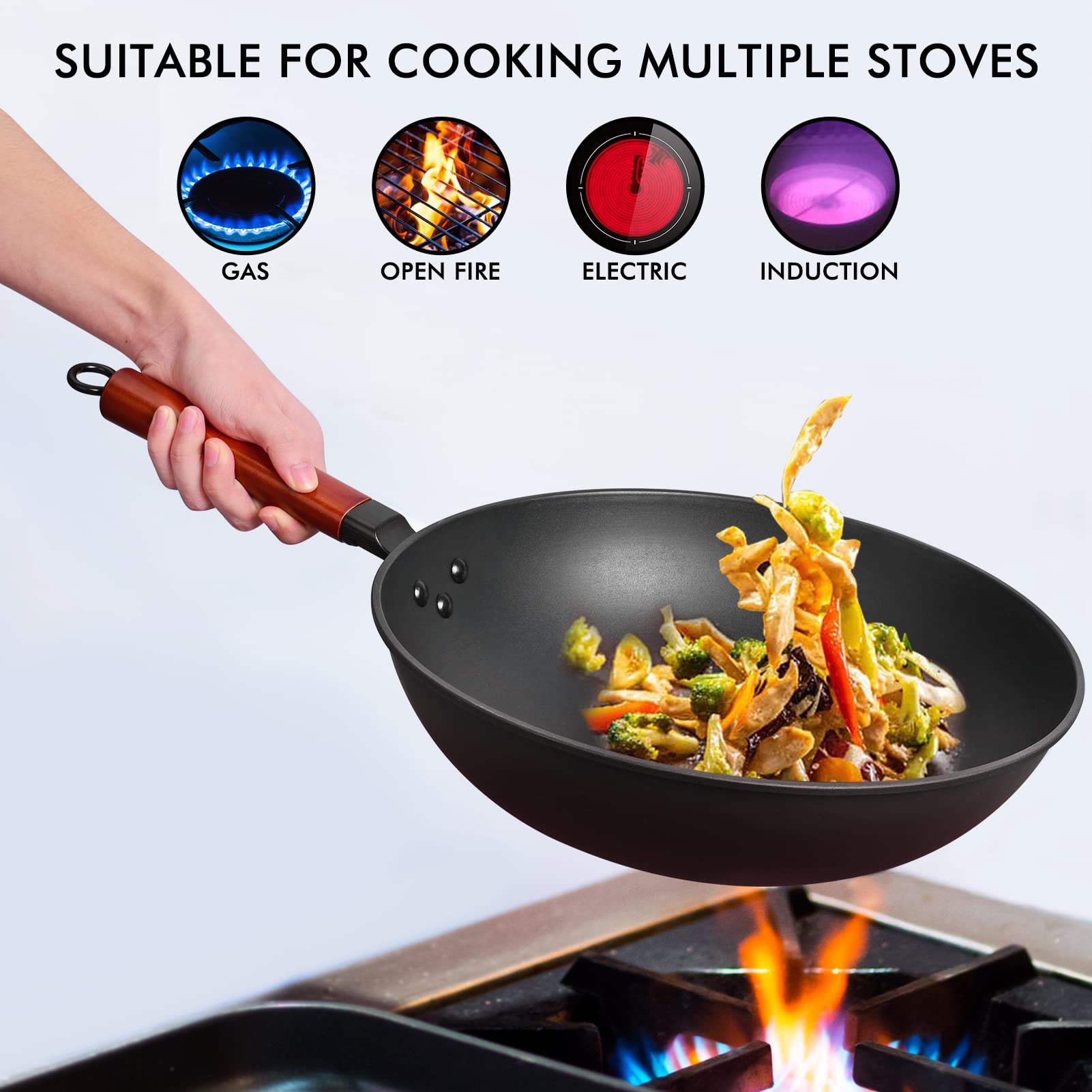 SodoMai Carbon Steel Wok, 13 Inch Wok Pan with Lid Woks & Stir-Fry Pans with Spatula, Cookware Accessories, No Chemical Coated Flat Bottom Chinese Wok for Induction, Electric, Gas Stove, All Stoves