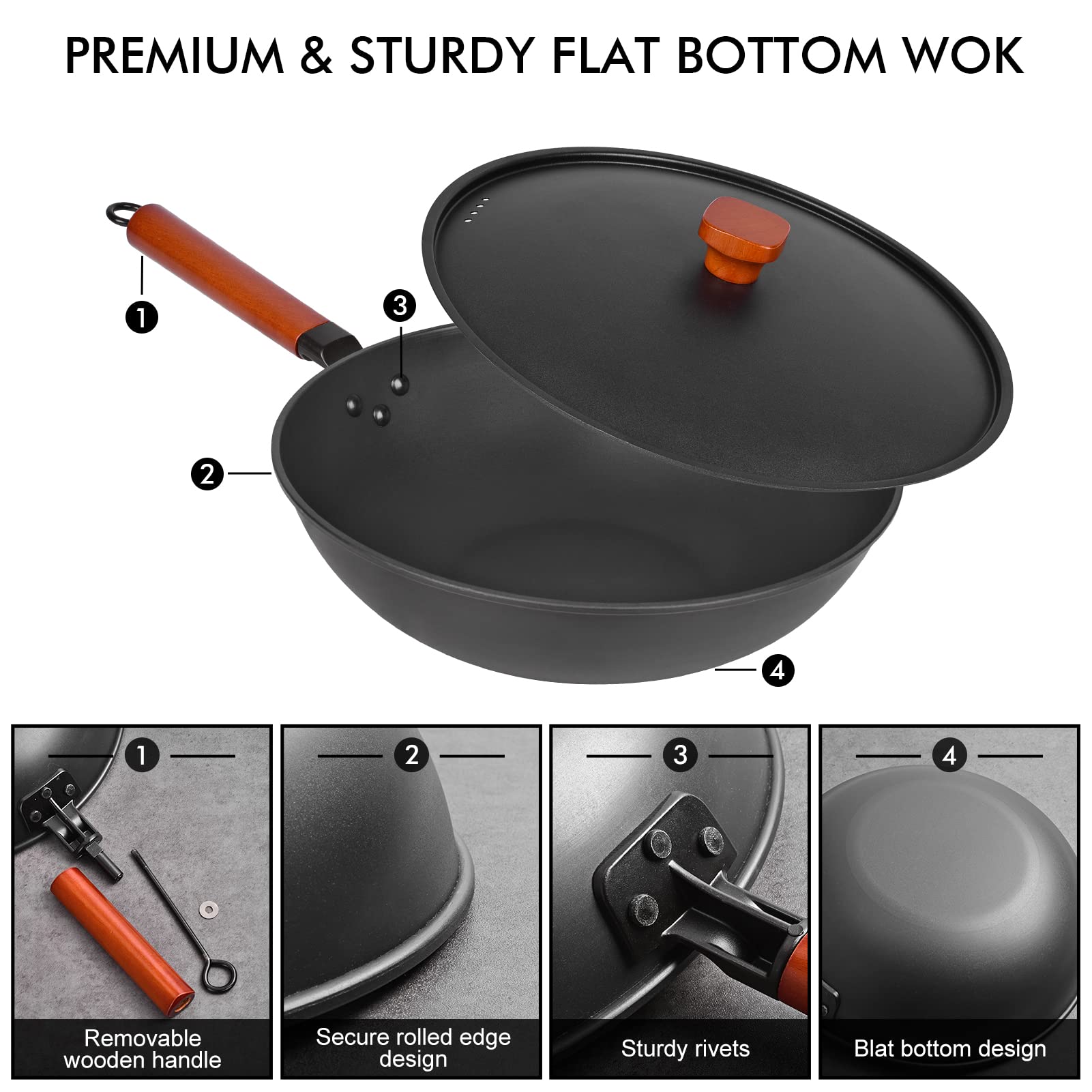 SodoMai Carbon Steel Wok, 13 Inch Wok Pan with Lid Woks & Stir-Fry Pans with Spatula, Cookware Accessories, No Chemical Coated Flat Bottom Chinese Wok for Induction, Electric, Gas Stove, All Stoves