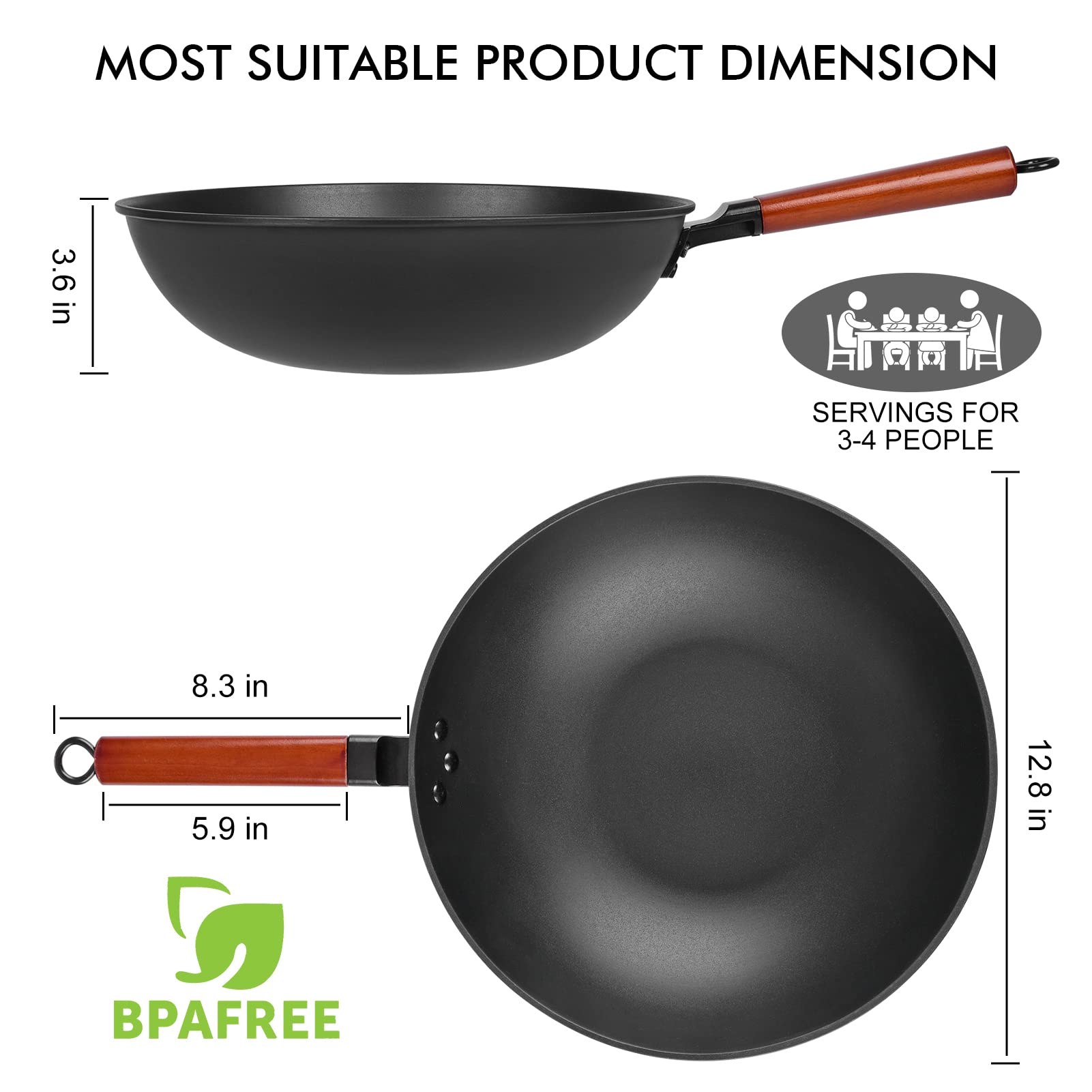 SodoMai Carbon Steel Wok, 13 Inch Wok Pan with Lid Woks & Stir-Fry Pans with Spatula, Cookware Accessories, No Chemical Coated Flat Bottom Chinese Wok for Induction, Electric, Gas Stove, All Stoves