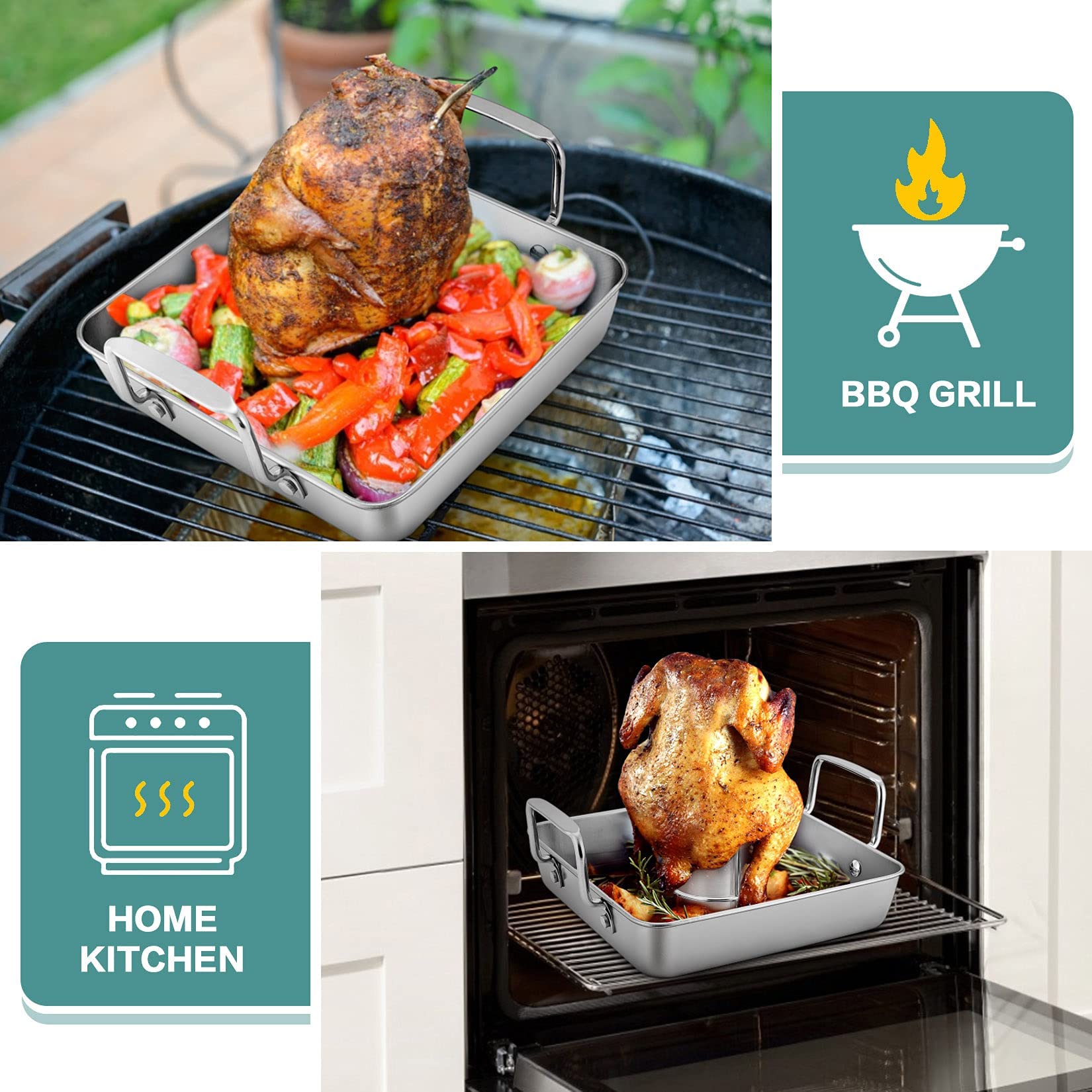 9-inch Beer Can Roasting Chicken Holder (2 Pans + 2 Racks), P&P CHEF Stainless Steel Chicken Roaster Pan with Vertical Rack For Baking Grilling, Heavy Duty & Dishwasher Safe