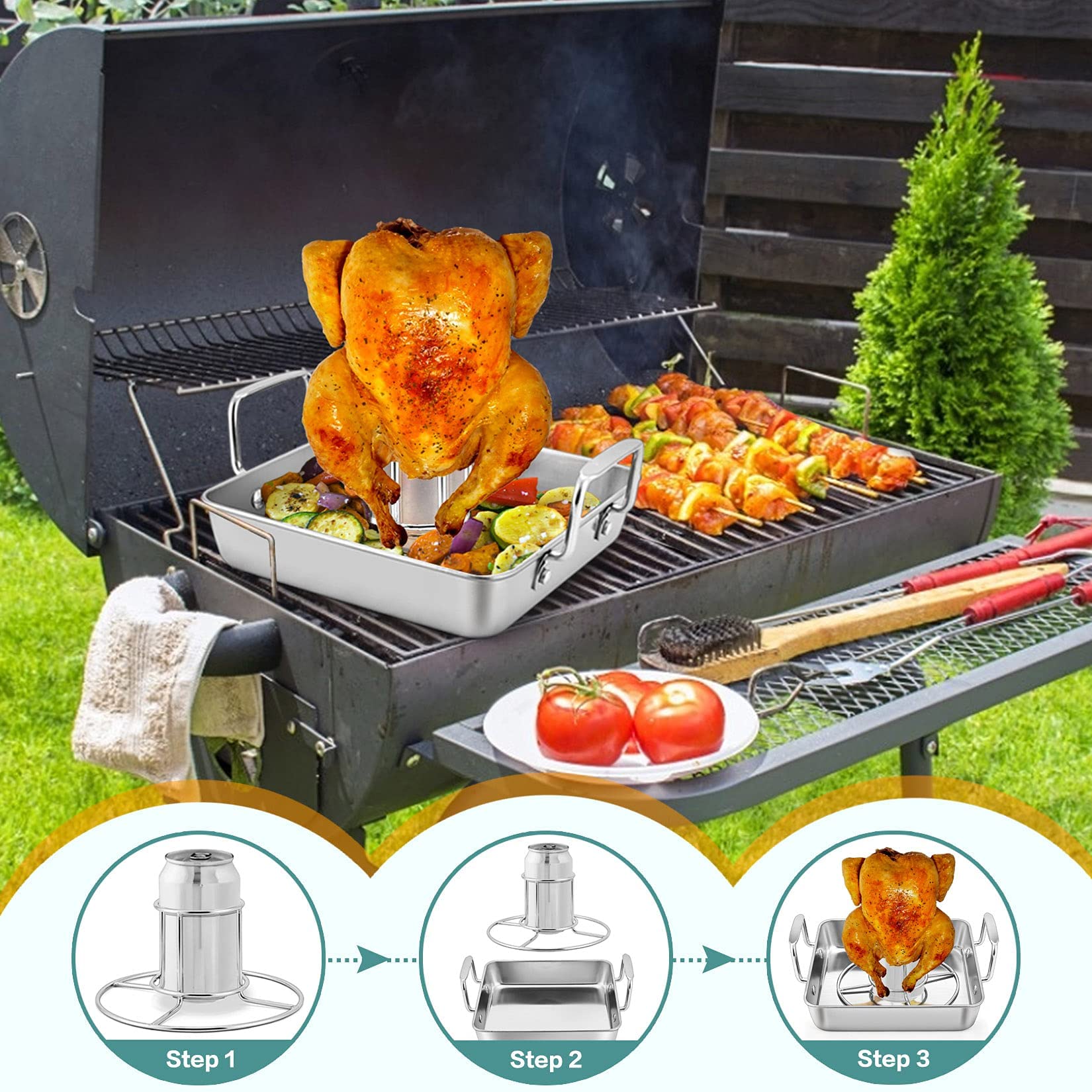 9-inch Beer Can Roasting Chicken Holder (2 Pans + 2 Racks), P&P CHEF Stainless Steel Chicken Roaster Pan with Vertical Rack For Baking Grilling, Heavy Duty & Dishwasher Safe