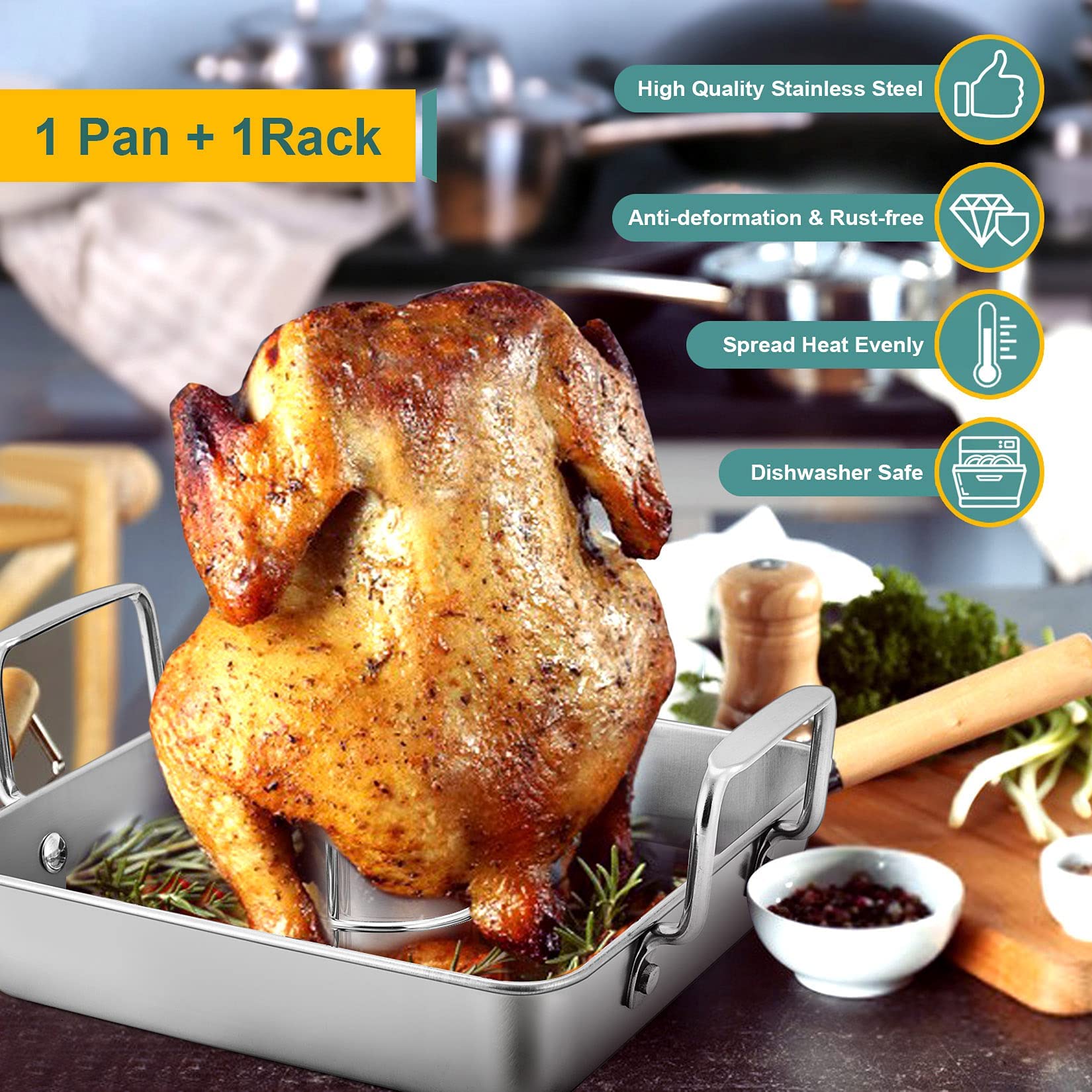 9-inch Beer Can Roasting Chicken Holder (2 Pans + 2 Racks), P&P CHEF Stainless Steel Chicken Roaster Pan with Vertical Rack For Baking Grilling, Heavy Duty & Dishwasher Safe