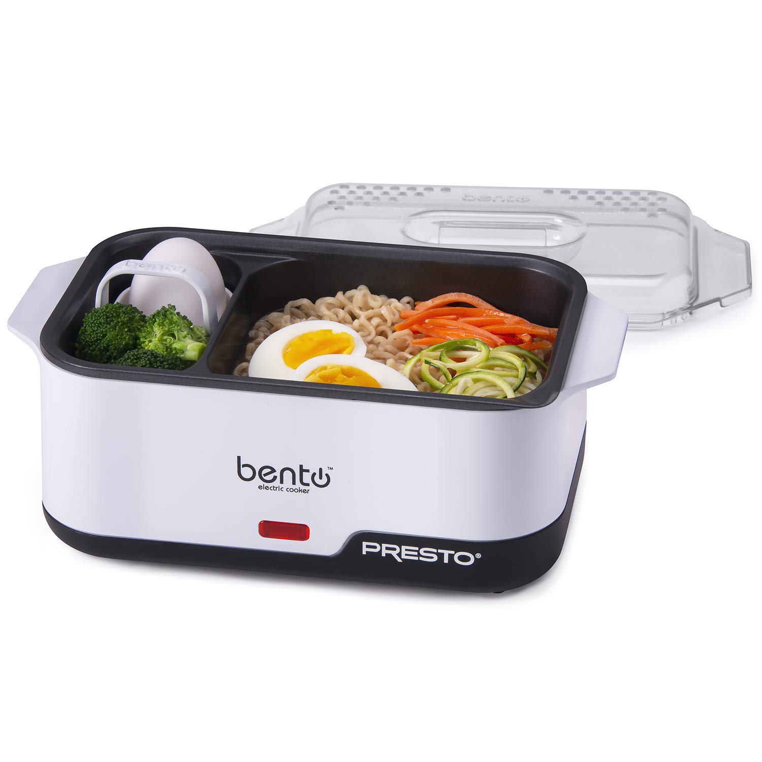 Presto 04634 Bento Electric Cooker - Compact Dual Compartment Cooker for Ramen, Eggs, Veggies and More, Perfect for Dorm Rooms, Includes Spoon/Fork