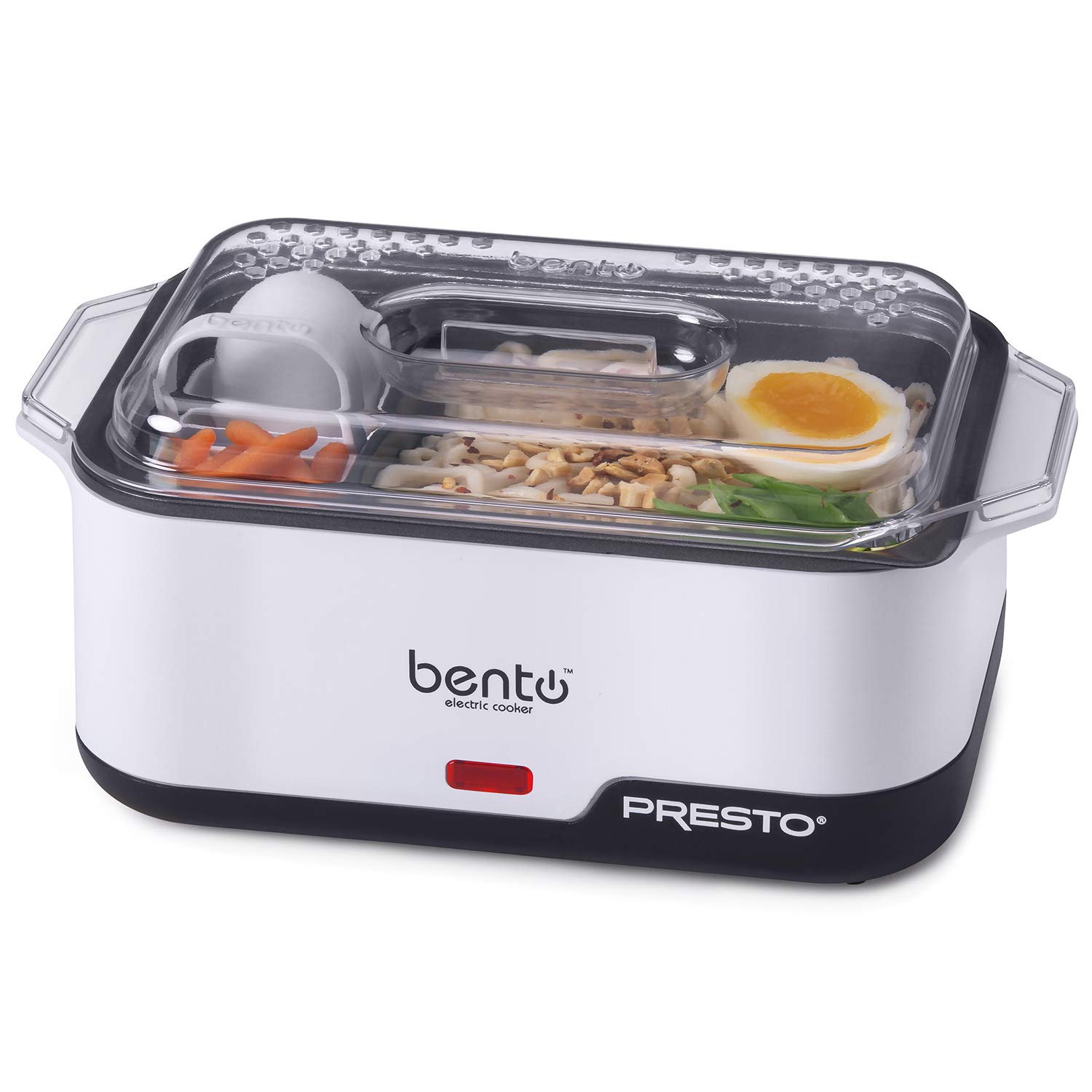 Presto 04634 Bento Electric Cooker - Compact Dual Compartment Cooker for Ramen, Eggs, Veggies and More, Perfect for Dorm Rooms, Includes Spoon/Fork