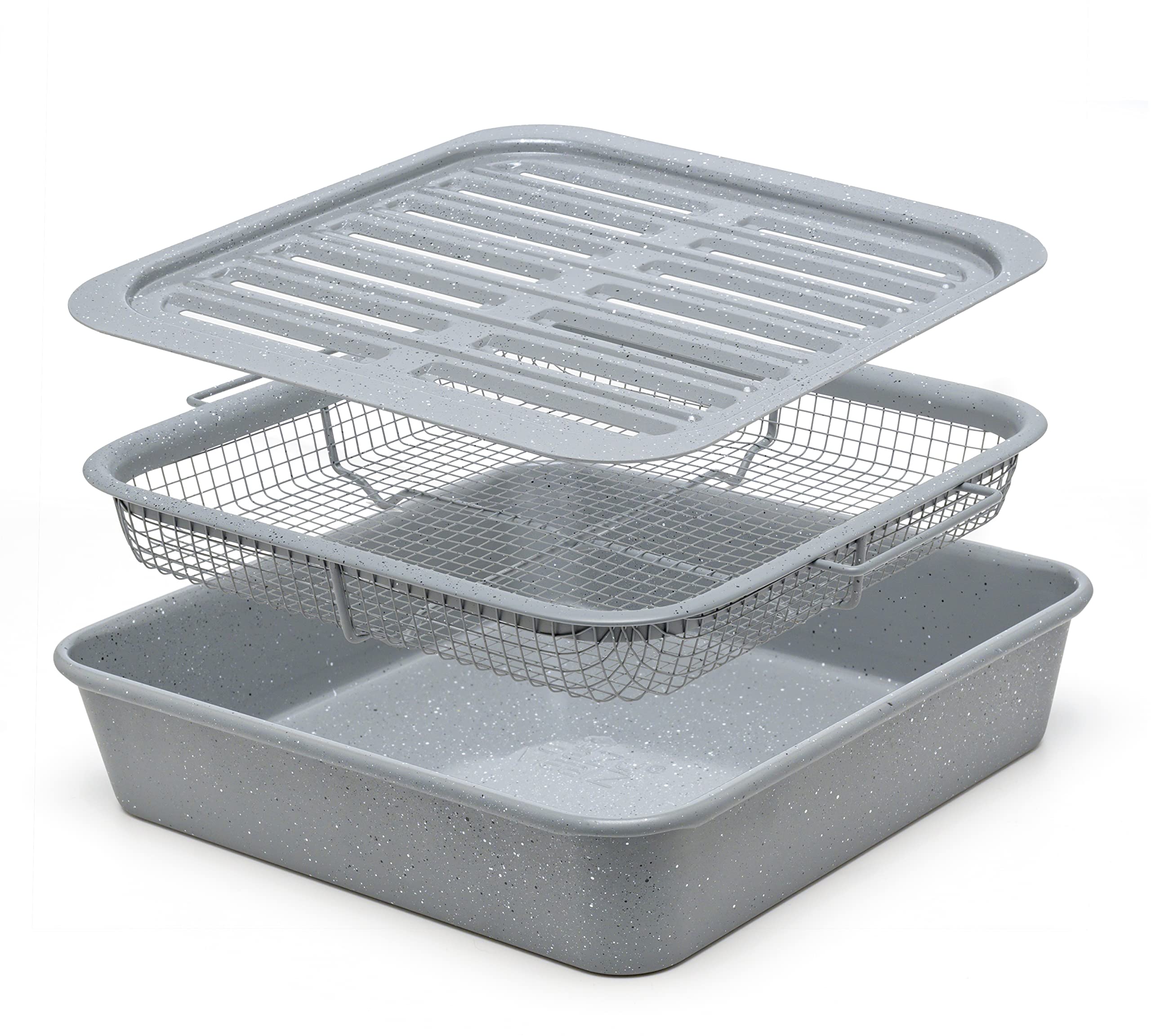 EaZy MealZ Air Fry Crisping Basket & Tray Set, Air Fry Crisper Basket, Tray & Baking Pan, Roasting Sheet, Utensil Safe, Non-Stick, Healthy Cooking