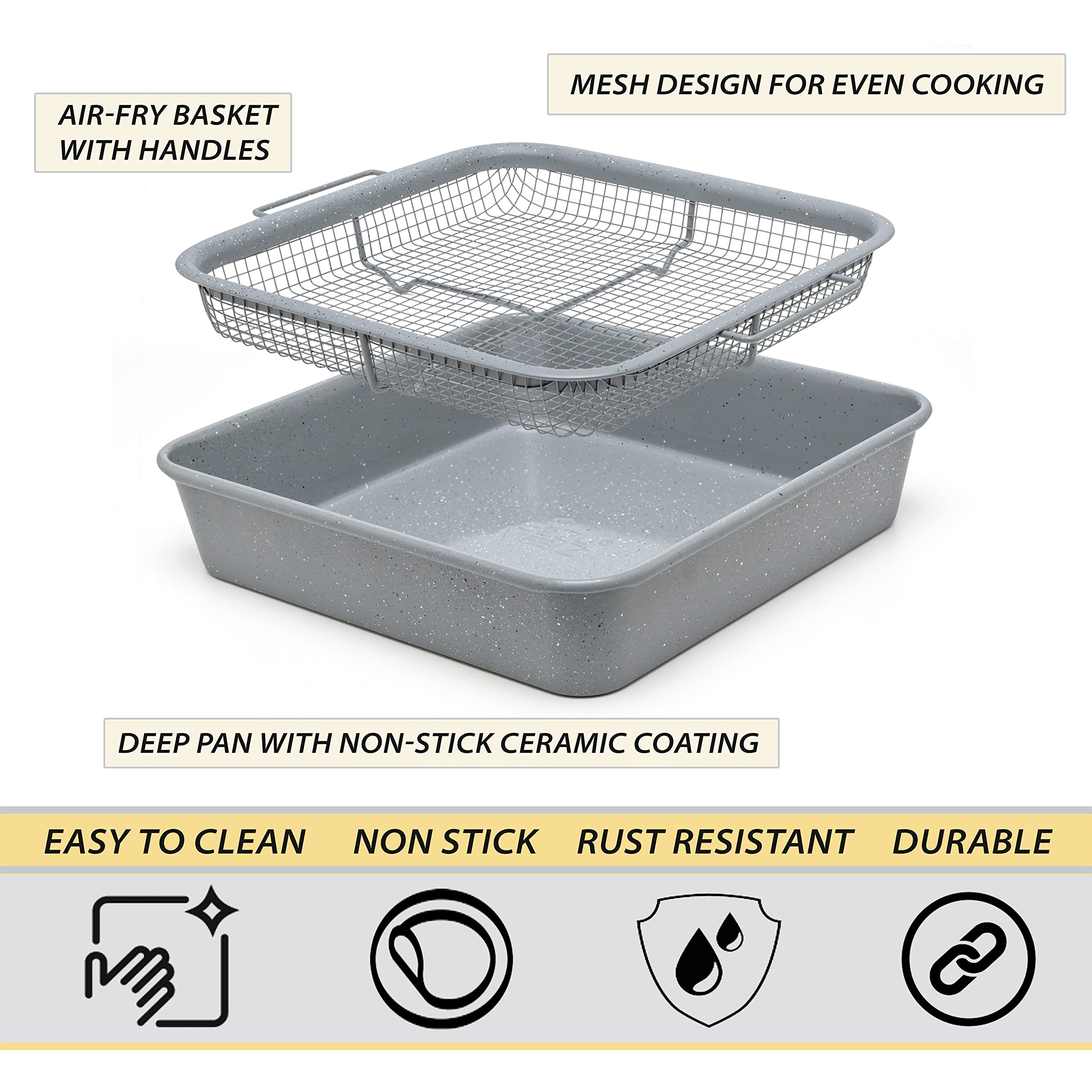 EaZy MealZ Air Fry Crisping Basket & Tray Set, Air Fry Crisper Basket, Tray & Baking Pan, Roasting Sheet, Utensil Safe, Non-Stick, Healthy Cooking