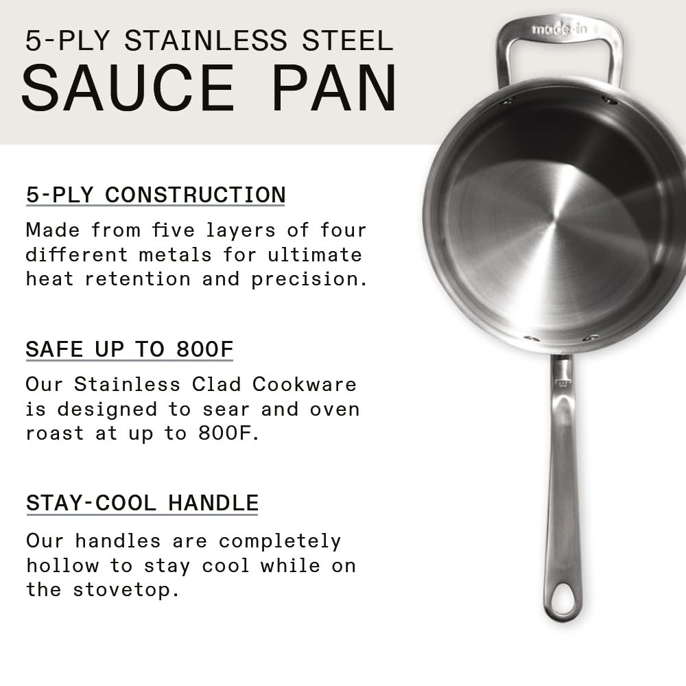 Made In Cookware - 4 Quart Stainless Steel Saucepan with Lid - 5 Ply Stainless Clad Sauce Pan - Professional Cookware - Crafted in Italy - Induction Compatible