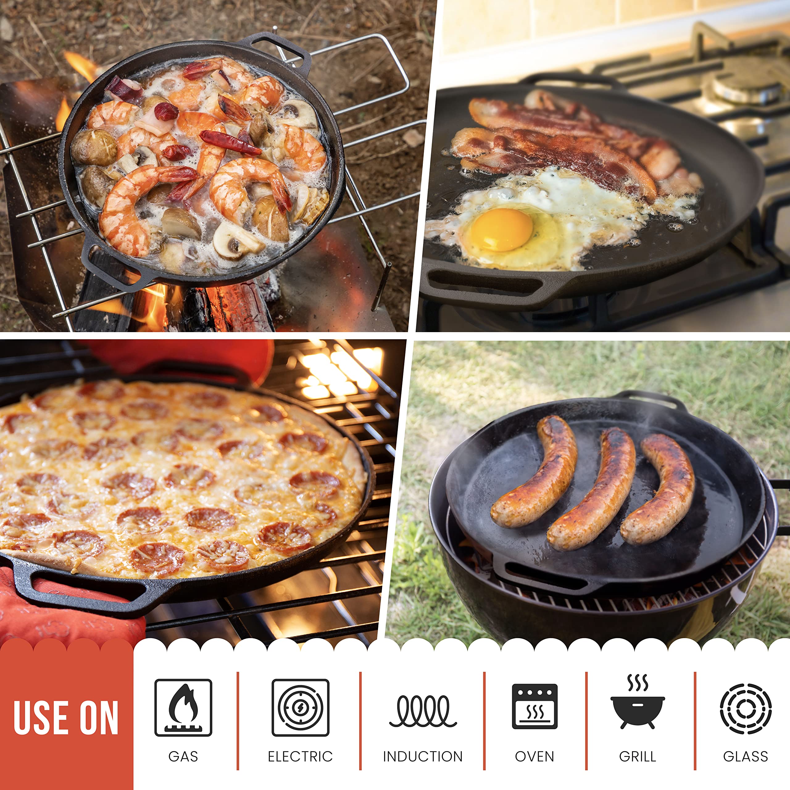 Chef Pomodoro Cast Iron Pizza Pan, Pre-Seasoned Skillet with Handles, Baking Pan, Round Griddle for Dosa Tawa Roti, Comal for Tortillas, Baking Stove, Oven, Grill BBQ and Campfire (12-inch)