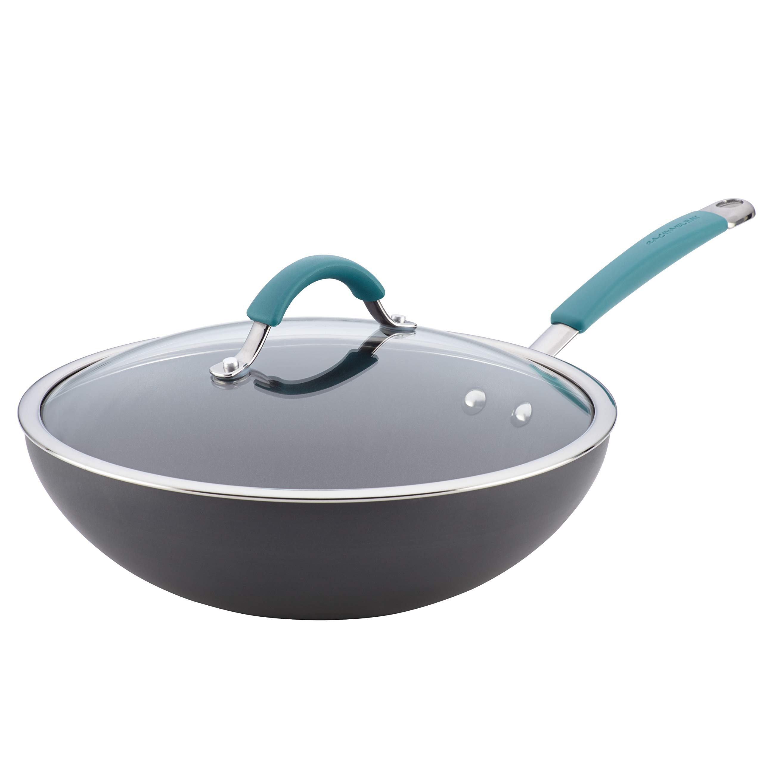 Rachael Ray Cucina Hard Anodized Nonstick Wok Pan with Lid, 11-Inch Covered Stir Fry, Gray with Blue Handles