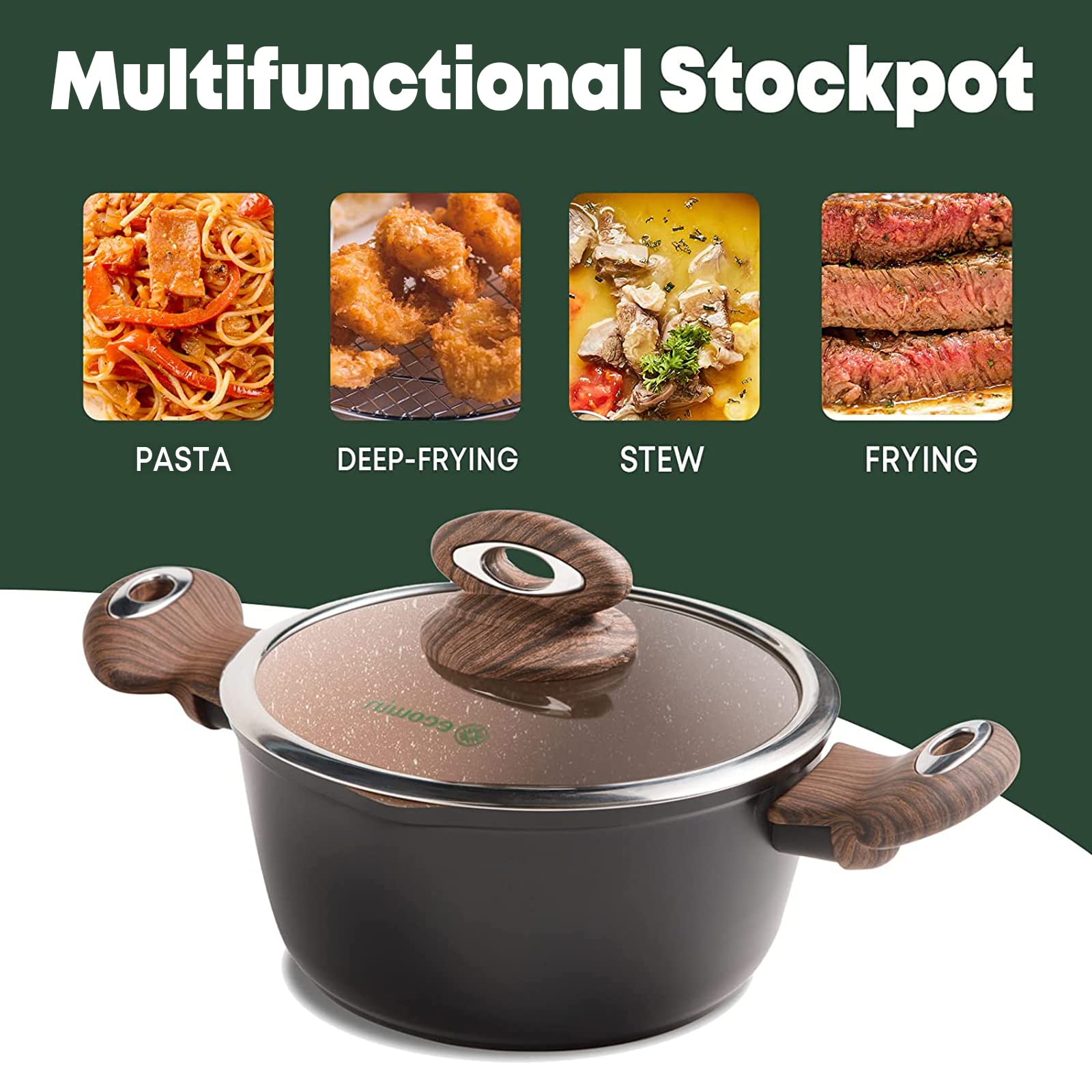 Ecowin Non Stick Dutch Oven StockPot with lid, 5 Quart Nonstick Stock Pot Soup Pot, Granite Pasta Pot Cooking Pot, Casserole with Double Handles, Induction Compatible, Dishwasher Safe, PFOA Free