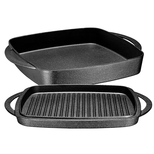 Bruntmor 2-in-1 Pre-seasoned Square Cast Iron Dutch Oven With Dual Handles, Non stick Pan with Grill, Casserole Dish with Lid for Braising Dishes, Crock Pot Covered With Cast Iron, Oven Safe Skillet