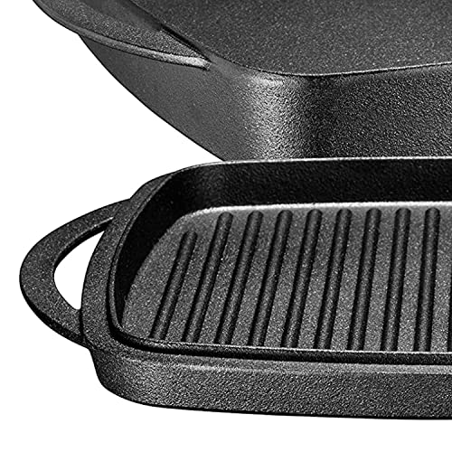 Bruntmor 2-in-1 Pre-seasoned Square Cast Iron Dutch Oven With Dual Handles, Non stick Pan with Grill, Casserole Dish with Lid for Braising Dishes, Crock Pot Covered With Cast Iron, Oven Safe Skillet