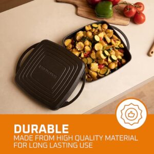 Bruntmor 2-in-1 Pre-seasoned Square Cast Iron Dutch Oven With Dual Handles, Non stick Pan with Grill, Casserole Dish with Lid for Braising Dishes, Crock Pot Covered With Cast Iron, Oven Safe Skillet